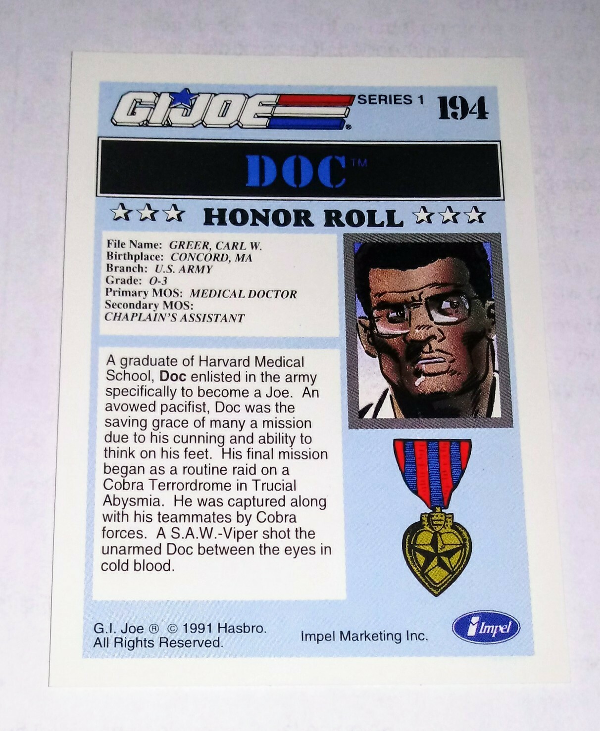 Impel 1991 - Gi Joe Trading Card Doc #194 - Many Non - Sport & Sport ...