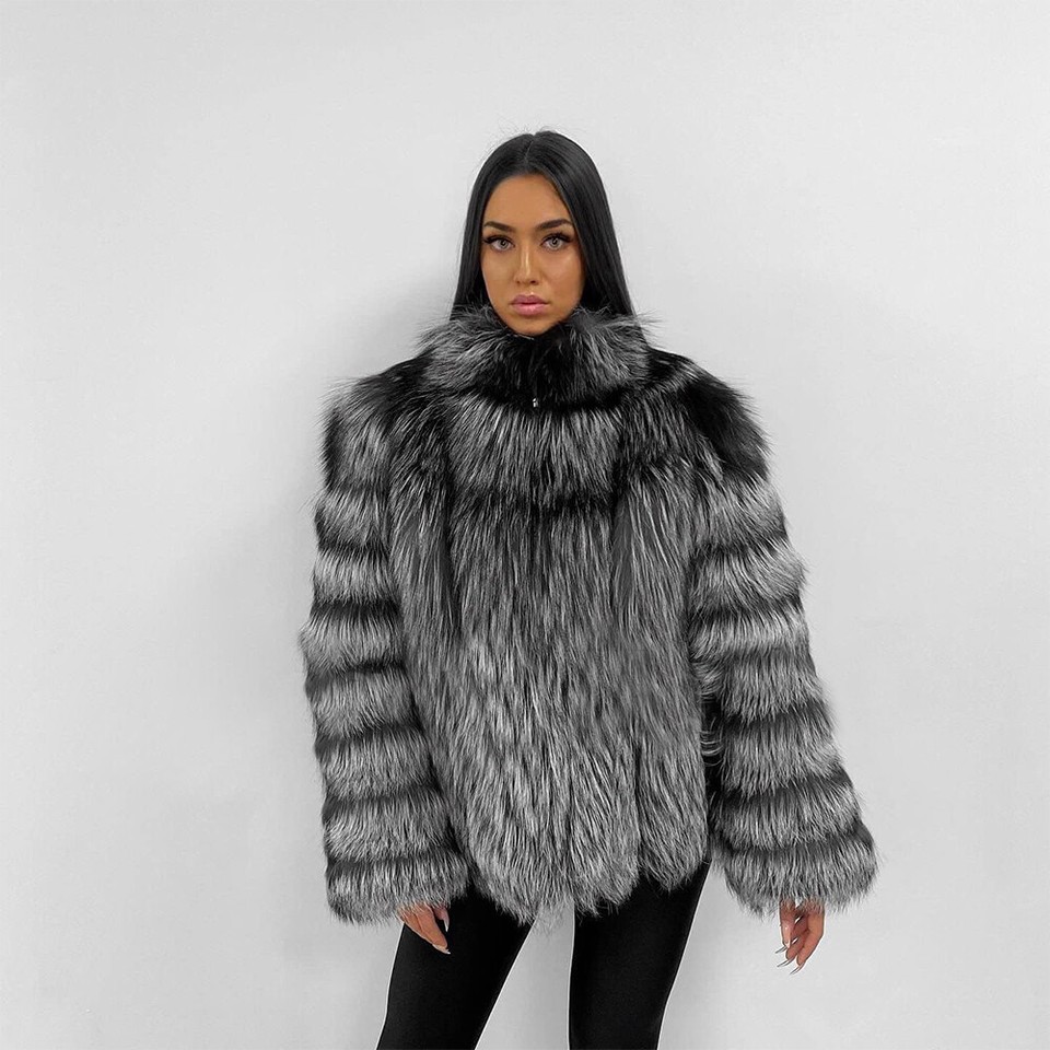 Women Real Silver Fox Fur Coat Natural Fluffy Stand Collar Jacket Thick ...