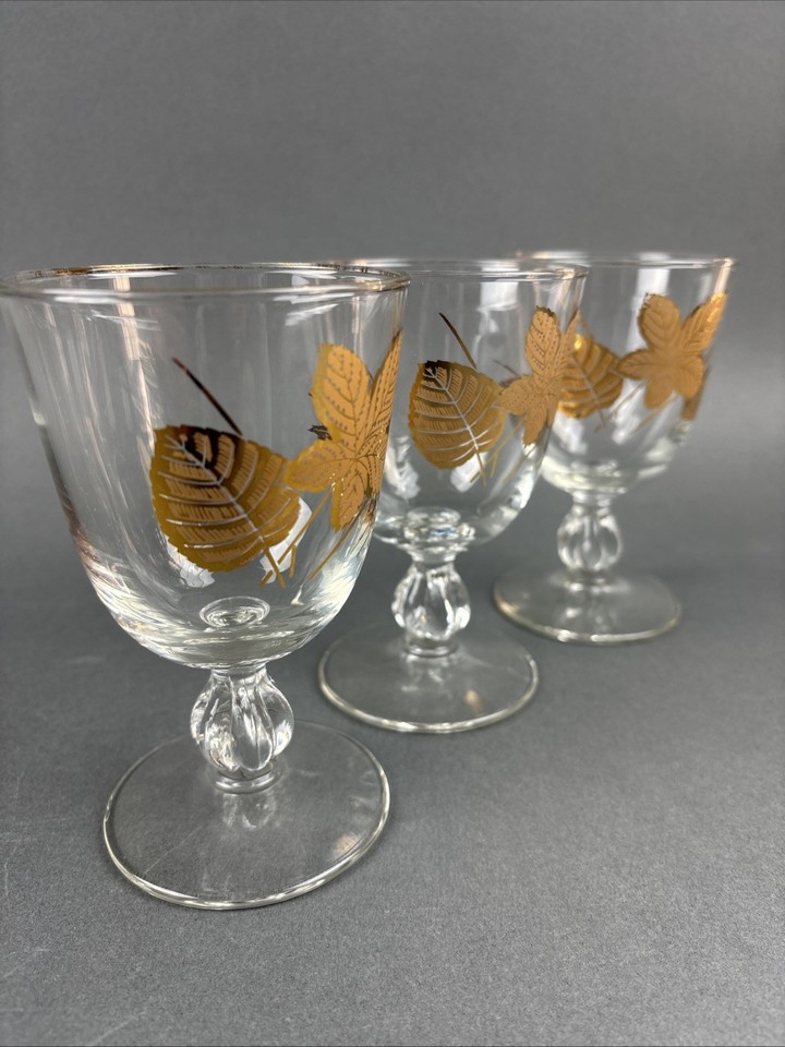 Libbey Water Goblet Glasses Gold Leaves Set of 3 Vintage Elegant Glass ...