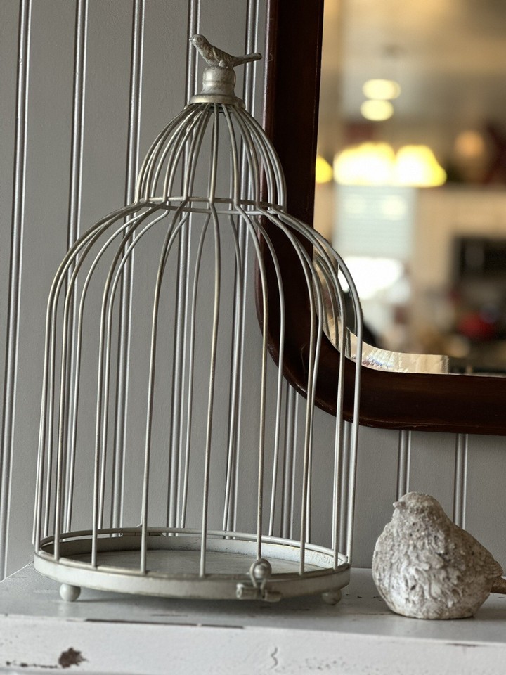 Medium Rustic Metal Bird Cage Bird Finial Cream Color Latch Opening ...