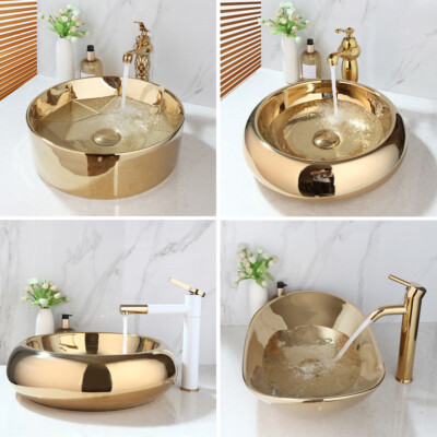 Gold Bathroom Oval/Round Ceramic Vessel Sink Basin Bowl Mixer Tap Drain ...