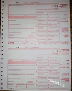 2019 IRS Tax Form 1099-B single sheet set for 2 recipients, carbonless ...