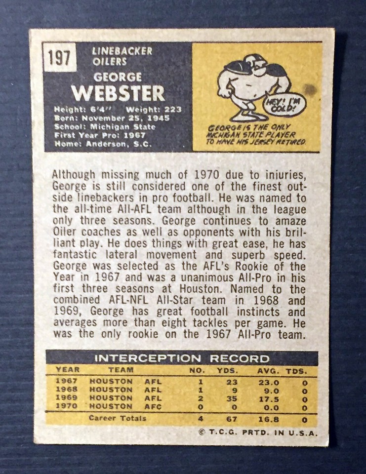 1971 Topps #197 GEORGE WEBSTER Houston Oilers CREASE FREE - 03 | eBay