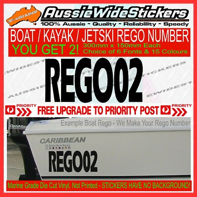 2x Custom Fishing BOAT REGO Stickers Marine Vinyl for Tackle Box Cabin ...