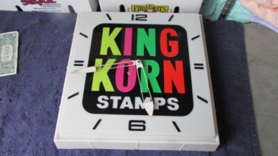 Vintage King Korn Stamps Clock with Back Light Sign Rare | eBay