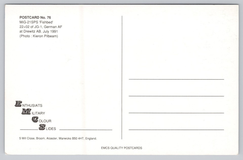 Postcard MiG-21 SPS 'Fishbed' 22+02 of JG-I , German AF at Drewitz AB ...