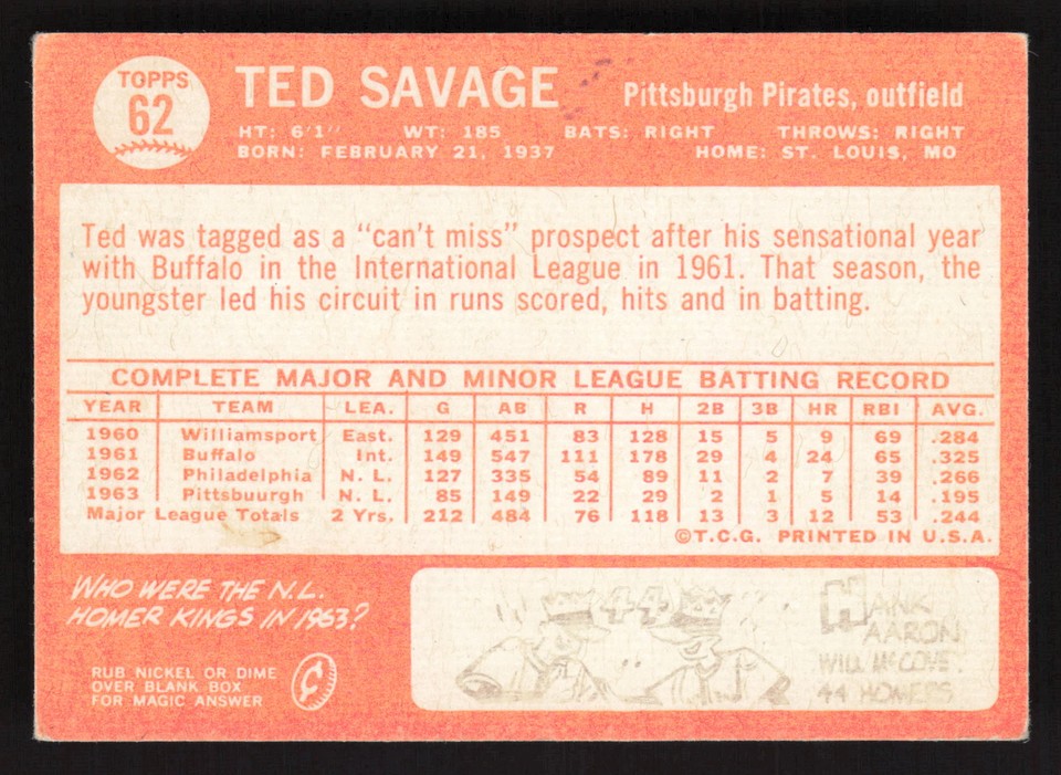 Ted Savage 1964 Topps #62 Pittsburgh Pirates VG WR ST a | eBay
