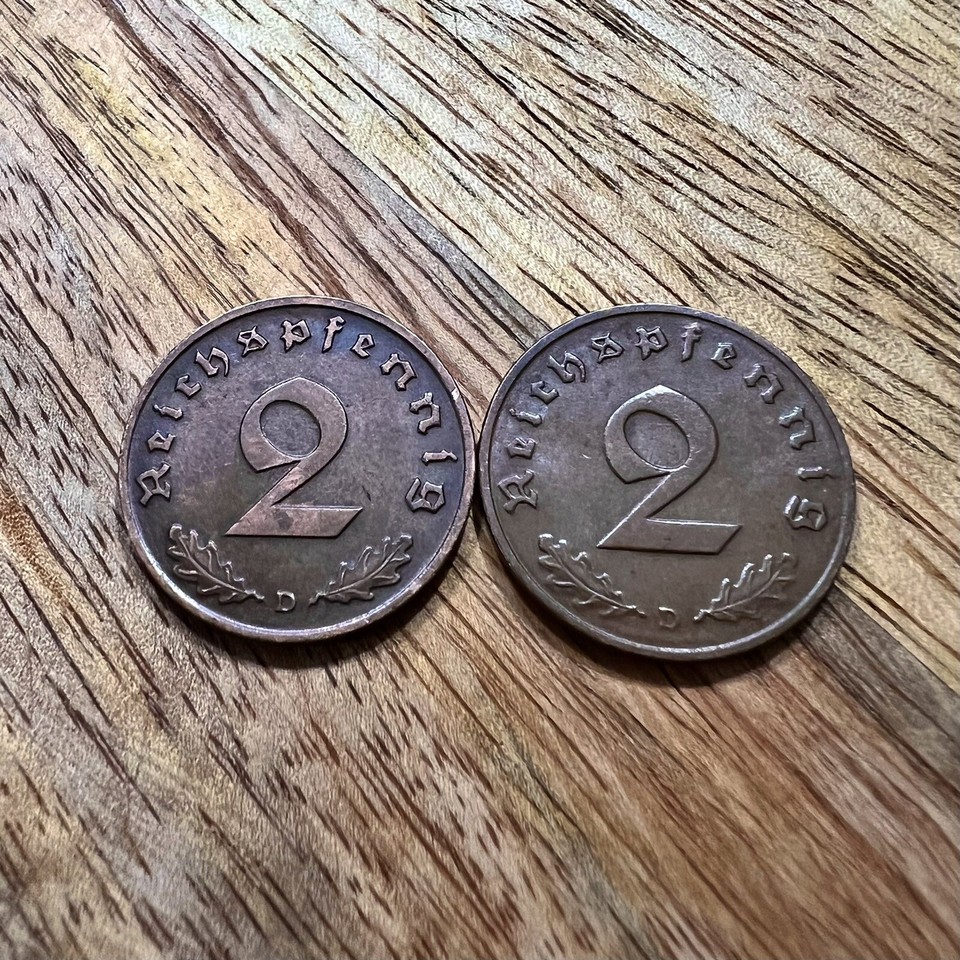 Two WW2 Nazi German Coins 2 Reichspfennig Authentic Nazi vintage ...