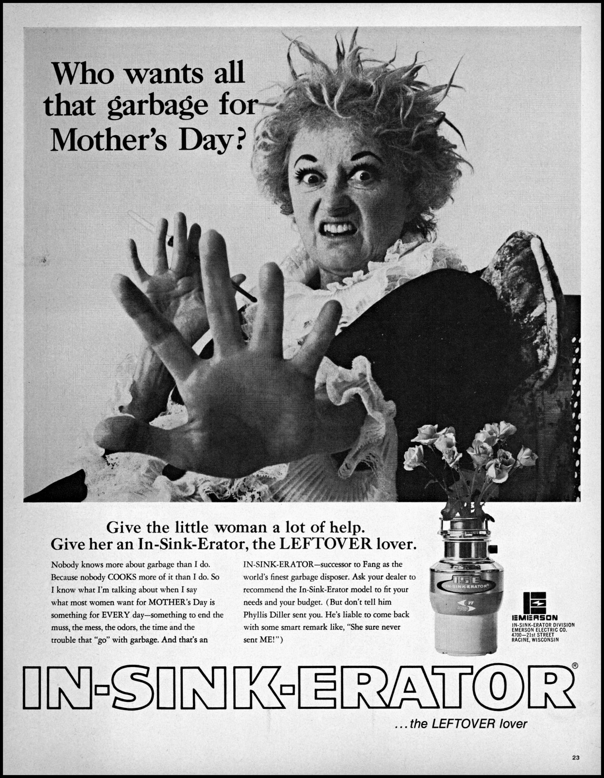 1970 Phyllis Diller mother's day In-Sink-Erator retro photo print ad ...