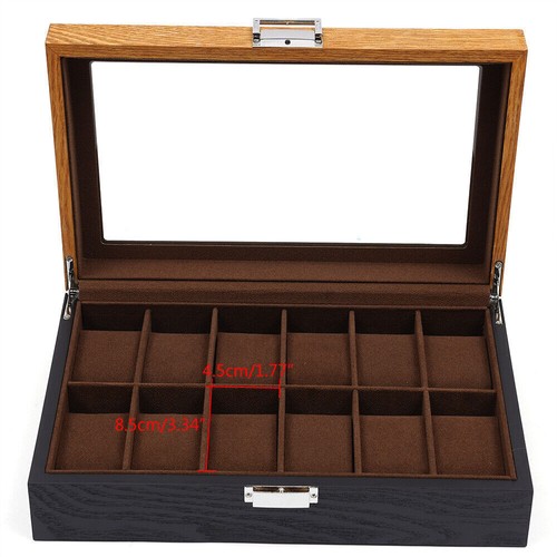 12 Slots Wood Jewelry Watch Organizer Storage Box Display Case Glass ...