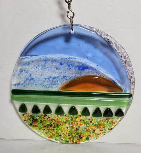 Fused Glass Handmade Hanging Circle Sun Catcher Ornament Landscape ...