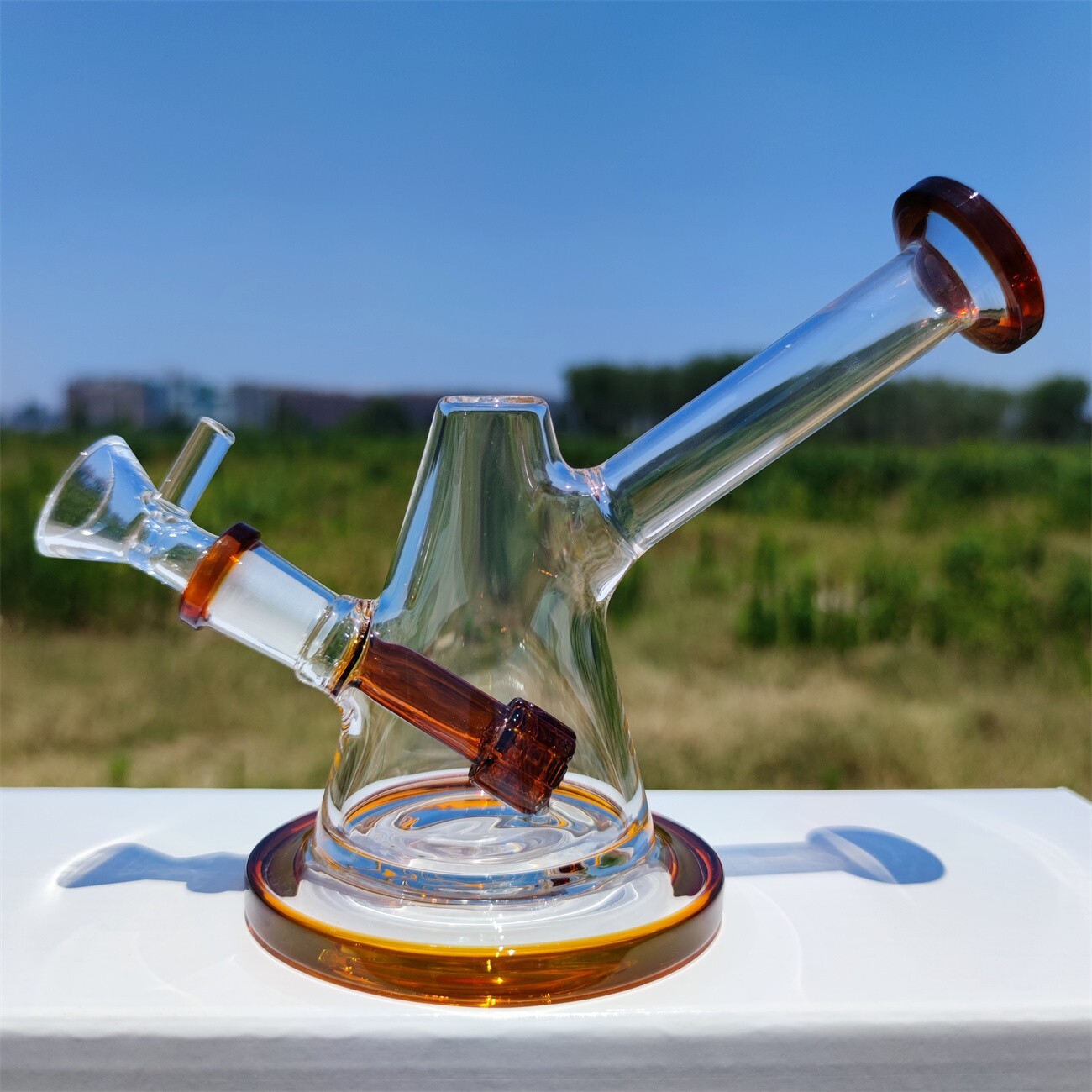6 Inch Amber Red Small Triangle Glass Water Pipe Bongs Hookah Bong 14MM ...