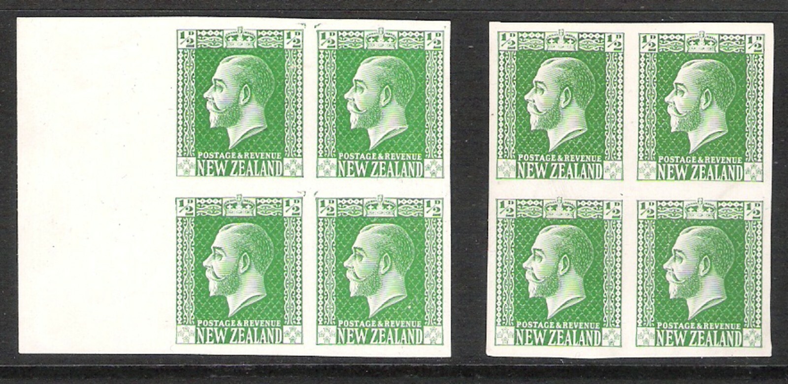 NEW ZEALAND 1915 KGV SURFACE 1/2d GREEN PROOF BLOCKS DUO (MH/MNH) (REF ...