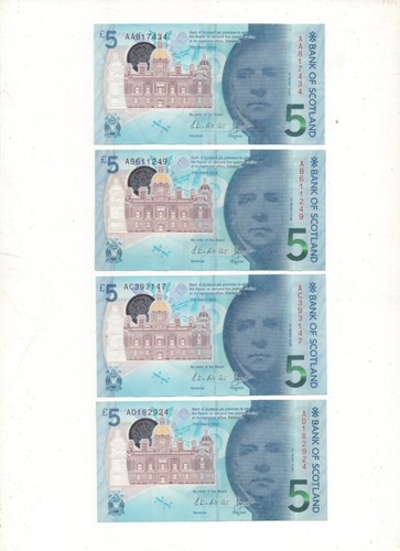 Bank of Scotland £5 x4 polymer/ plastic notes 2016 AA AB AC AD Lot2 | eBay