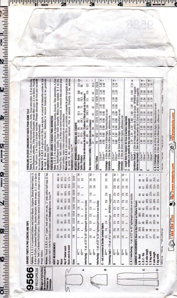 2001 UNCUT Simplicity Sewing Pattern # 9586 "Juniors' Pants & Tops" 17/ ...