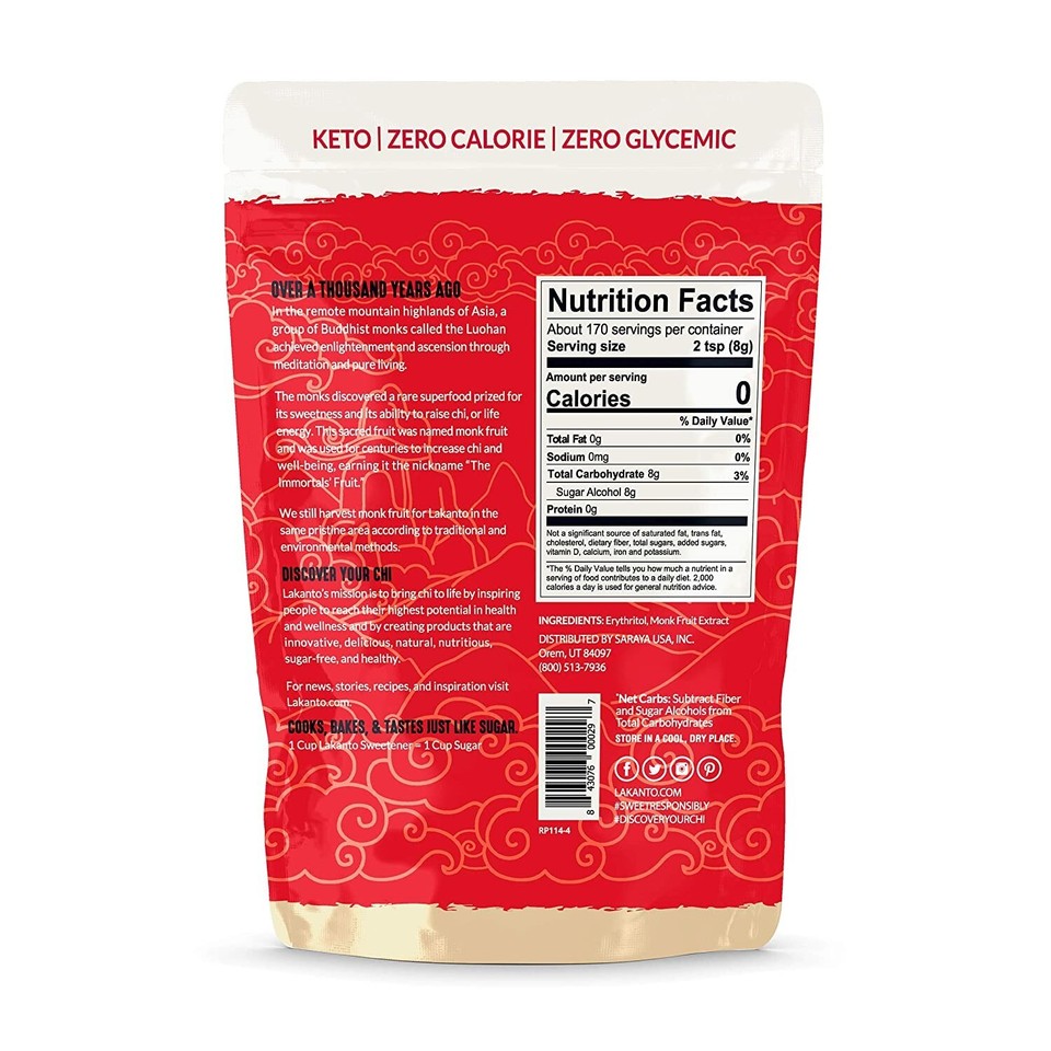 Lakanto GOLDEN MonkFruit Sweetener w Erythritol White Sugar Subst. Zero ...