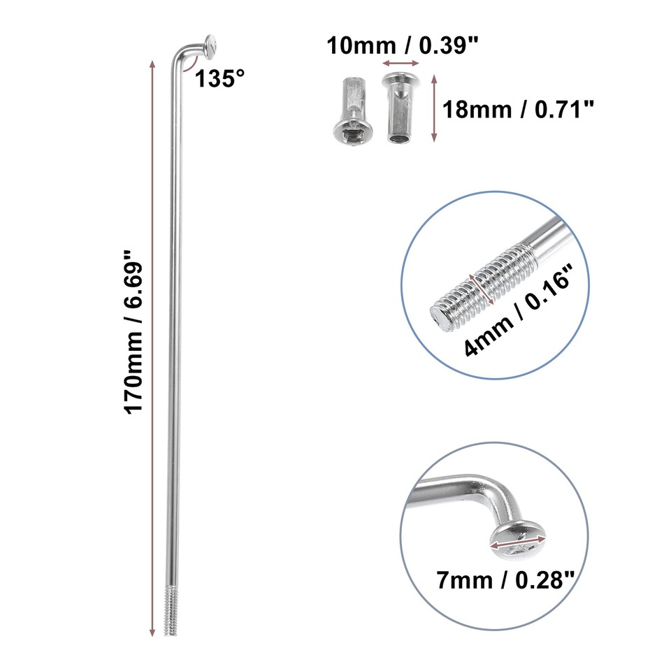 36pcs Silver Tone 4mm Thread Dia 170mm Length Motorcycle Wheel Spokes w ...