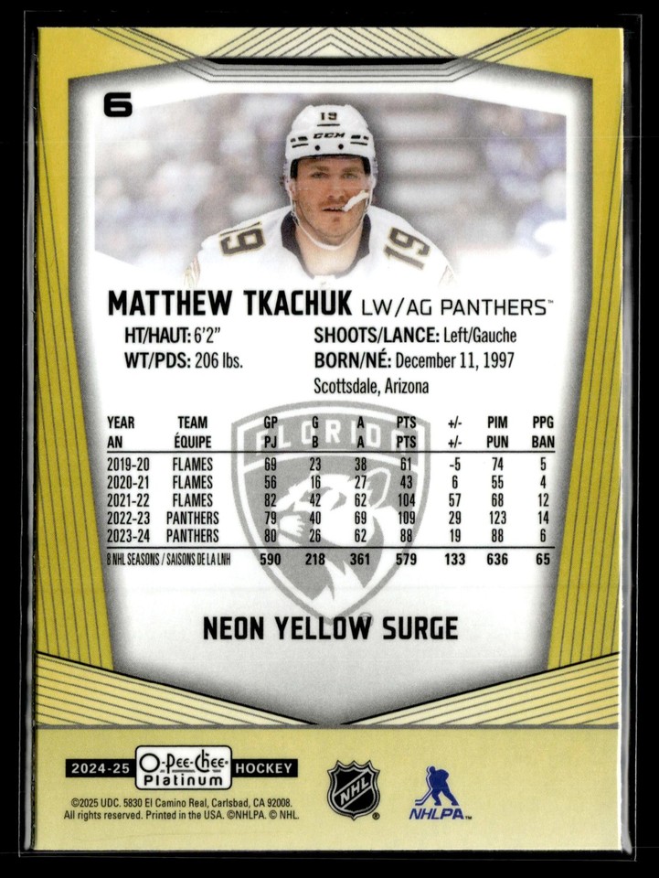 2024-25 O-Pee-Chee Platinum - Neon Yellow Surge - #6 Matthew Tkachuk ...