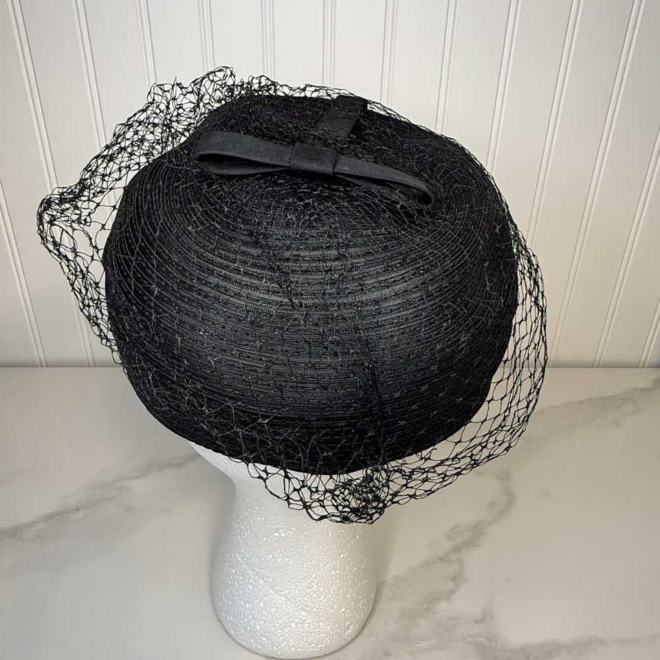 Vintage Pill Box Hat w/ Bow Netting Union Made Black | eBay