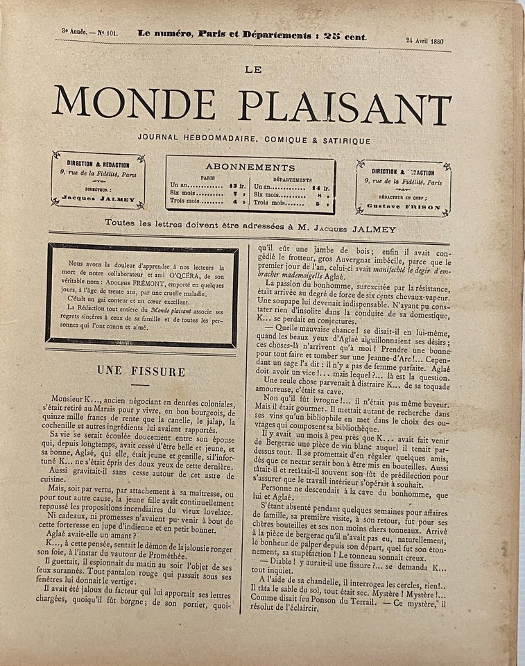 Journal the World Pleasant 1880 by Frison Mr. the Sub Prefect No. 101 ...