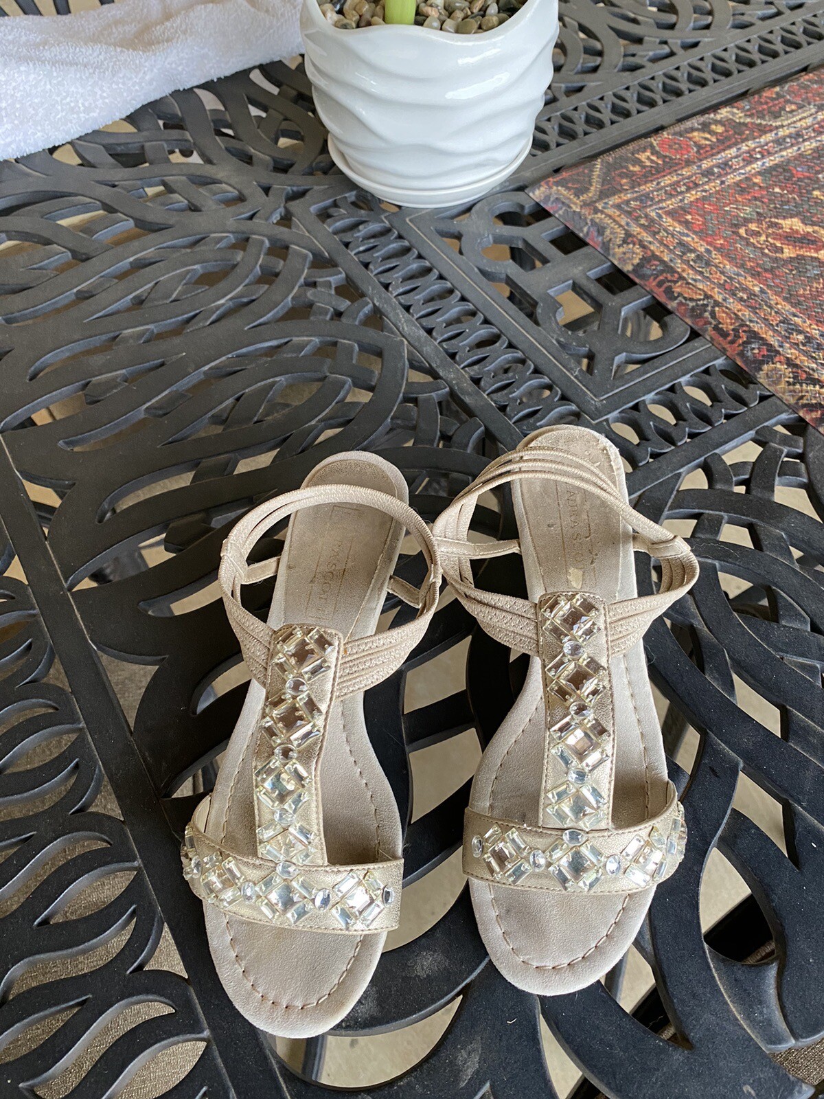 Laura Scott Women's 7 Gold Strappy Slingback Sandals Wedge **Read*** | eBay