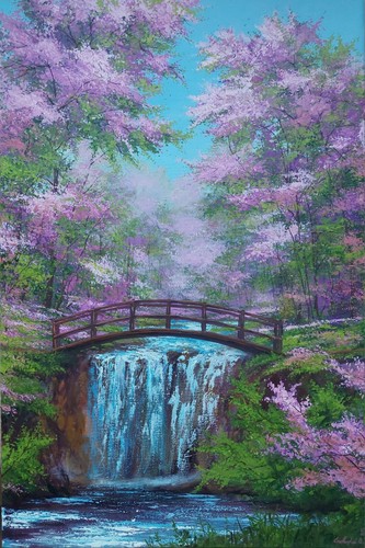 Large Sakura art, waterfall, bridge, Spring Cherry tree blossoming oil ...