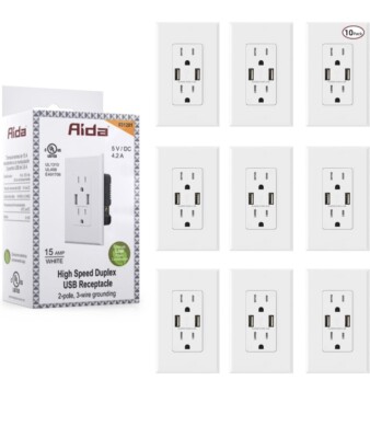 10x AIDA USB Wall Outlet, Receptacle with Type A 15 Amp White | eBay