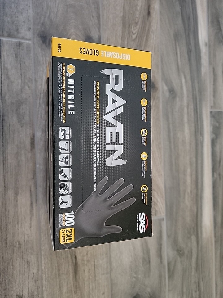 3 BOXES XXL SAS RAVEN Black Nitrile Gloves Powder & Latex Free NEW 7mil ...