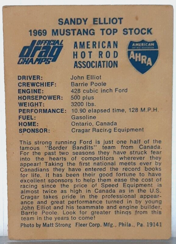 1971 Fleer AHRA Official Drag Champs Sandy Elliot 69 Mustang Top Stock ...
