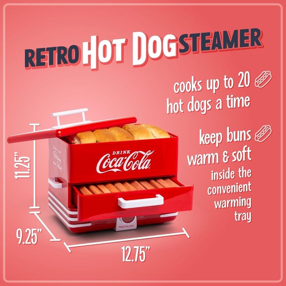 Large Coca-Cola Hot Dog Steamer, 24 Hot Dogs 12 Buns, Red, Electric ...
