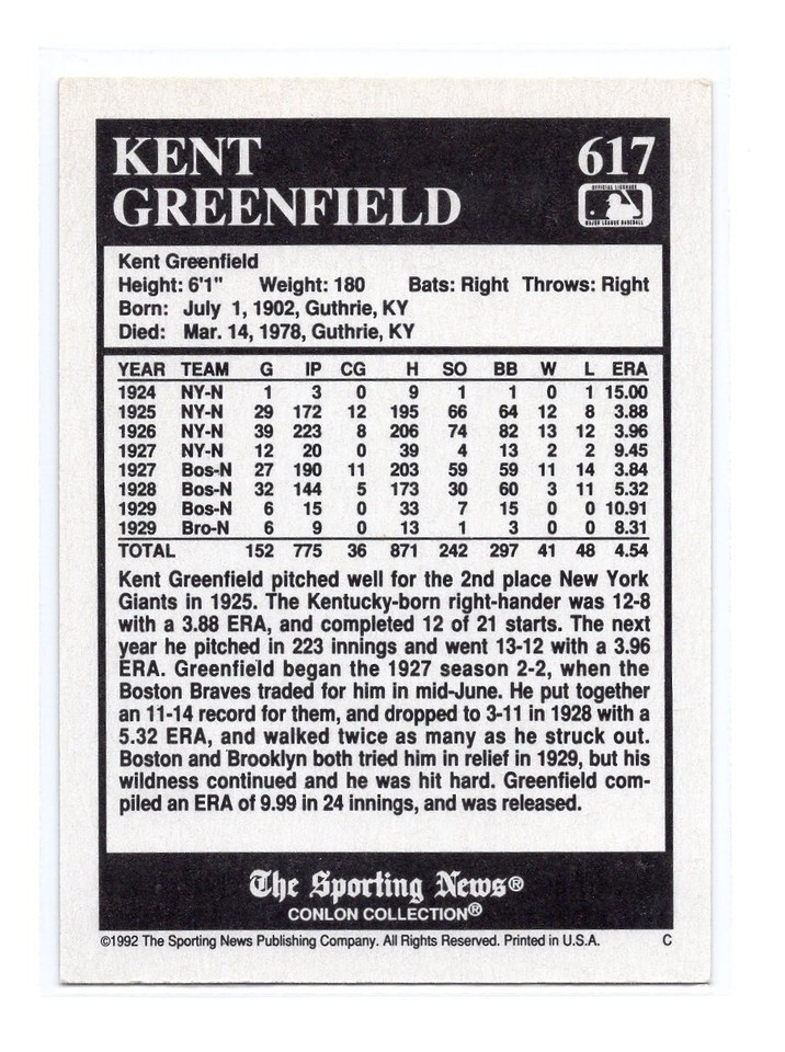 Baseball Card - 1992 Kent Greenfield 617 - Boston Braves Conlon MLB | eBay