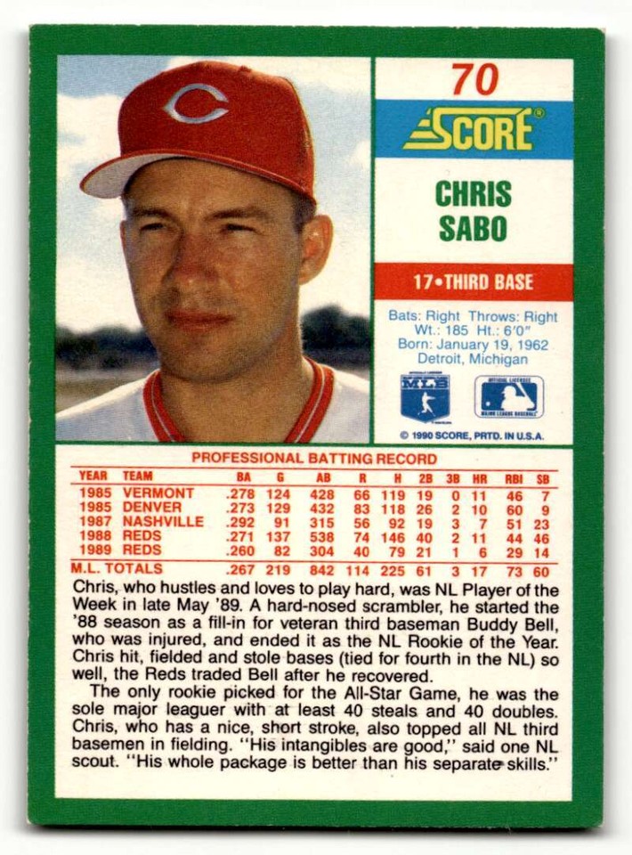 1990 Score #70 Chris Sabo Cincinnati Reds Baseball Cards EX/NM ID:55194 ...