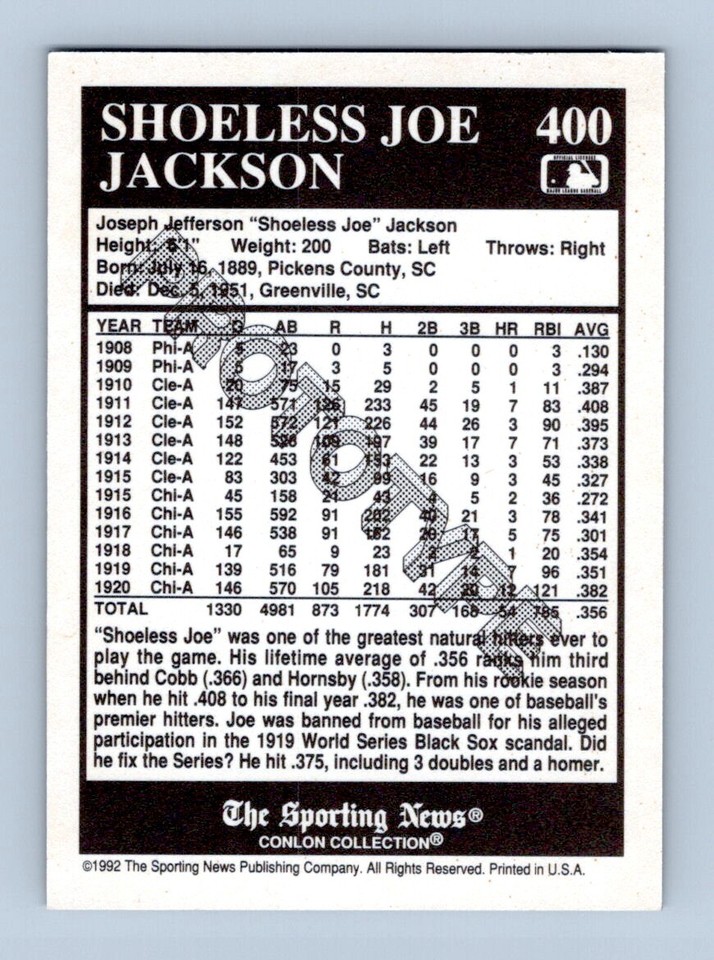 1992 Conlon Collection PROTOTYPE #400 Joe Jackson | eBay