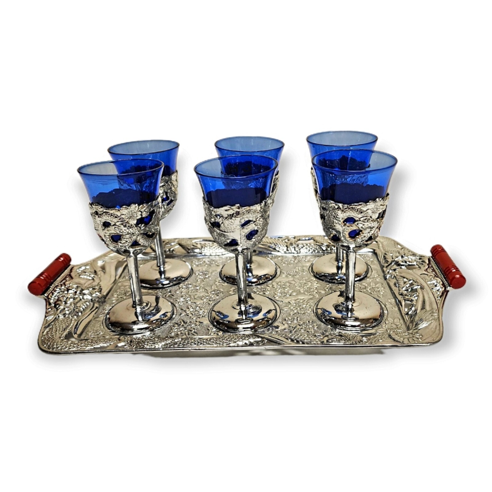 Mid-Century NIKKO Silver Japanese Saki Set Tray Silver Cups Cobalt Blue ...