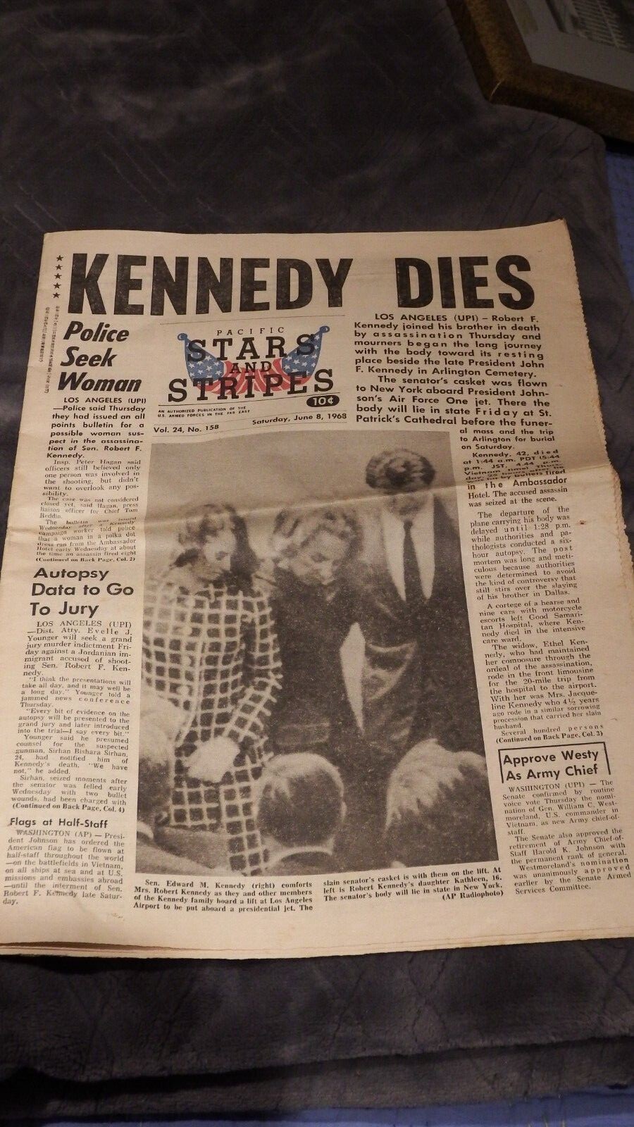 Historic newspaper, Stars and Stripes, RFK Robert Kennedy Assassination ...