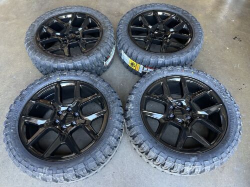 22” FR76 DODGE RAM 1500 BLACK WHEELS With 33” Mud MT Tires fits 5Lug ...