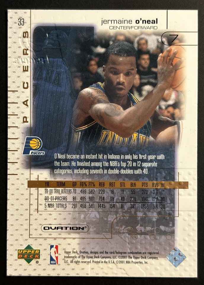 JERMAINE O'NEAL INDIANA PACERS 2001 UPPER DECK #33 AUTOGRAPHED ...