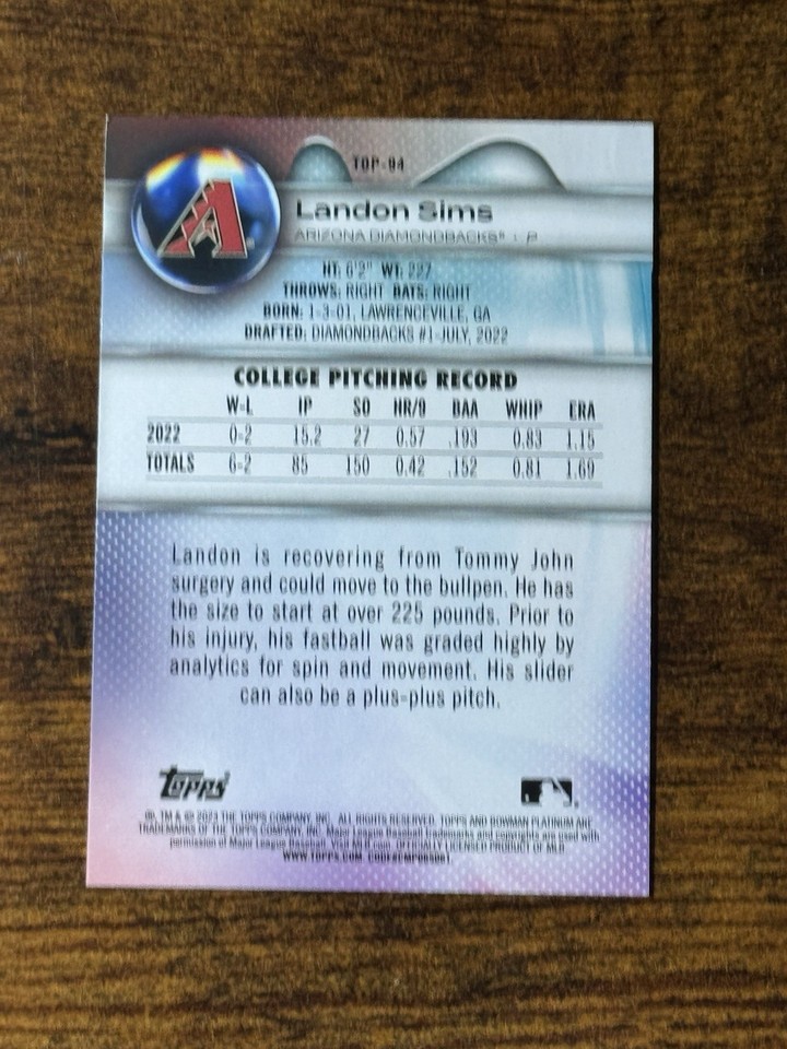 2023 Arizona Diamondbacks PROSPECT Landon Sims Topps Bowman Platinum # ...
