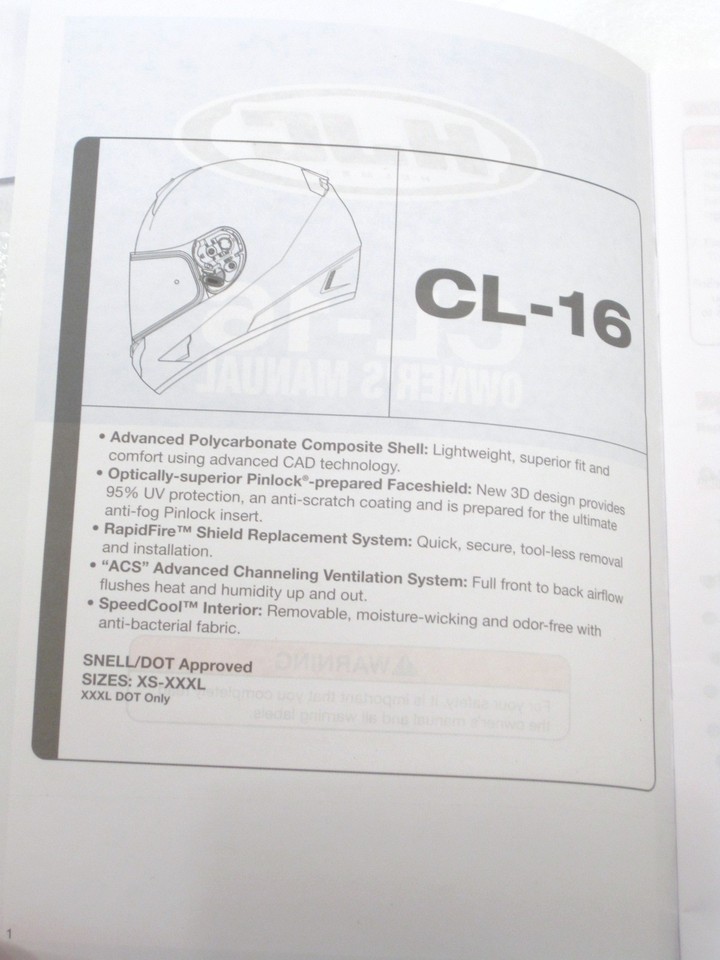 HJC CL-16 Helmet Owner's Manual w/ extra black helmet screw | eBay
