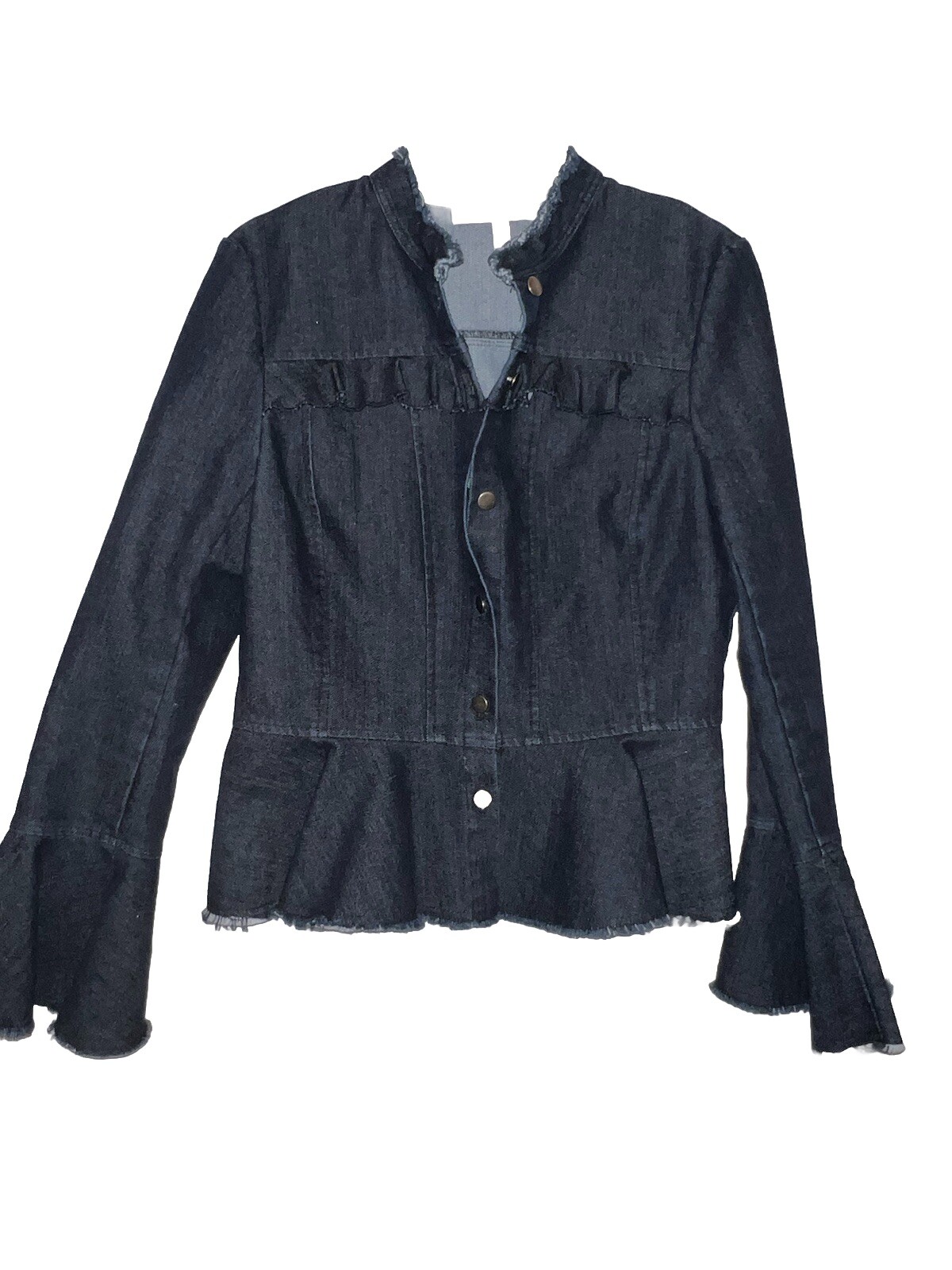 Scripted Dark Denim Jacket Ruffle Detail Size L - Gem