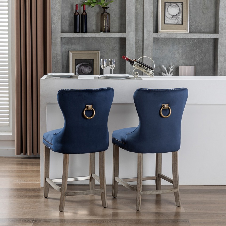 2 PC - 24" Tufted Velvet Counter Stools w Antique Gray Legs for Bar ...