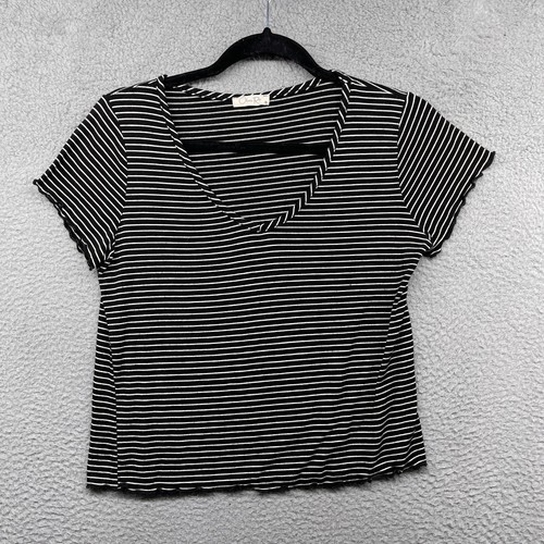 Olivia Rae Womens T-Shirt Black White Striped Short Cap Sleeve V-Neck ...