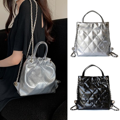 Small Shiny Quilted Real Leather Drawstring Backpack PouchTravel Purse ...