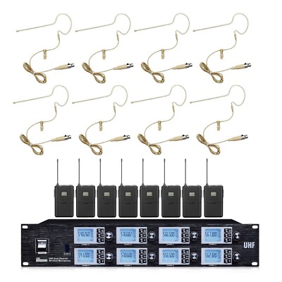 8 Channel UHF PRO Wireless Microphone System 8 Earset Headset Mic Stage ...