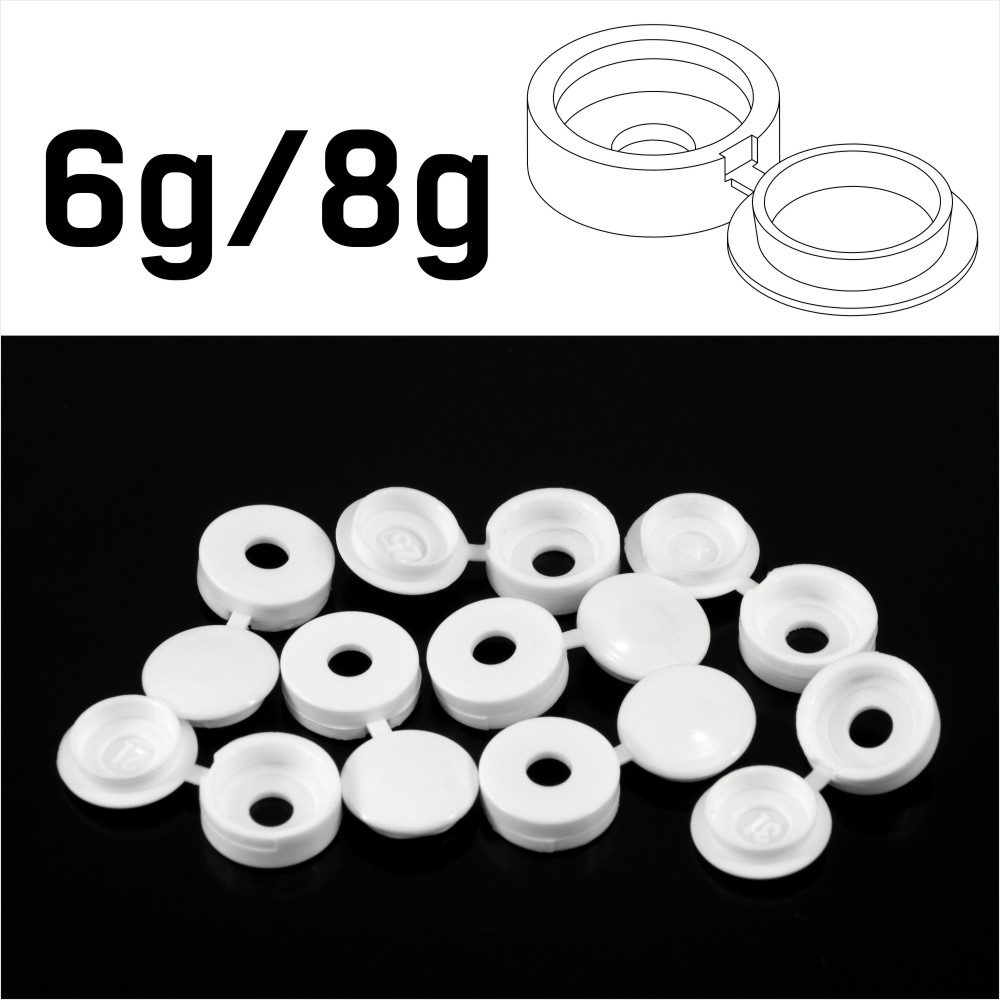 SMALL WHITE PLASTIC SCREW COVER CAPS HINGED FOLD OVER TO FIT SIZE 6g or ...