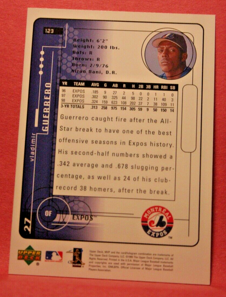 VLADIMIR GUERRERO 1999 UPPER DECK MVP BASEBALL CARD # 123 G6770 | eBay
