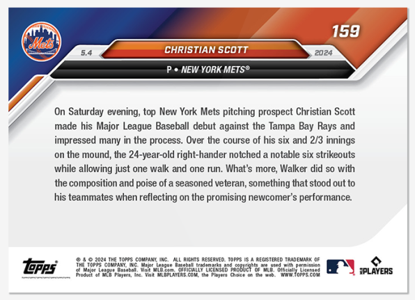 2024 Christian Scott MLB TOPPS NOW Debut Rookie Card #159 Mets Limited ...