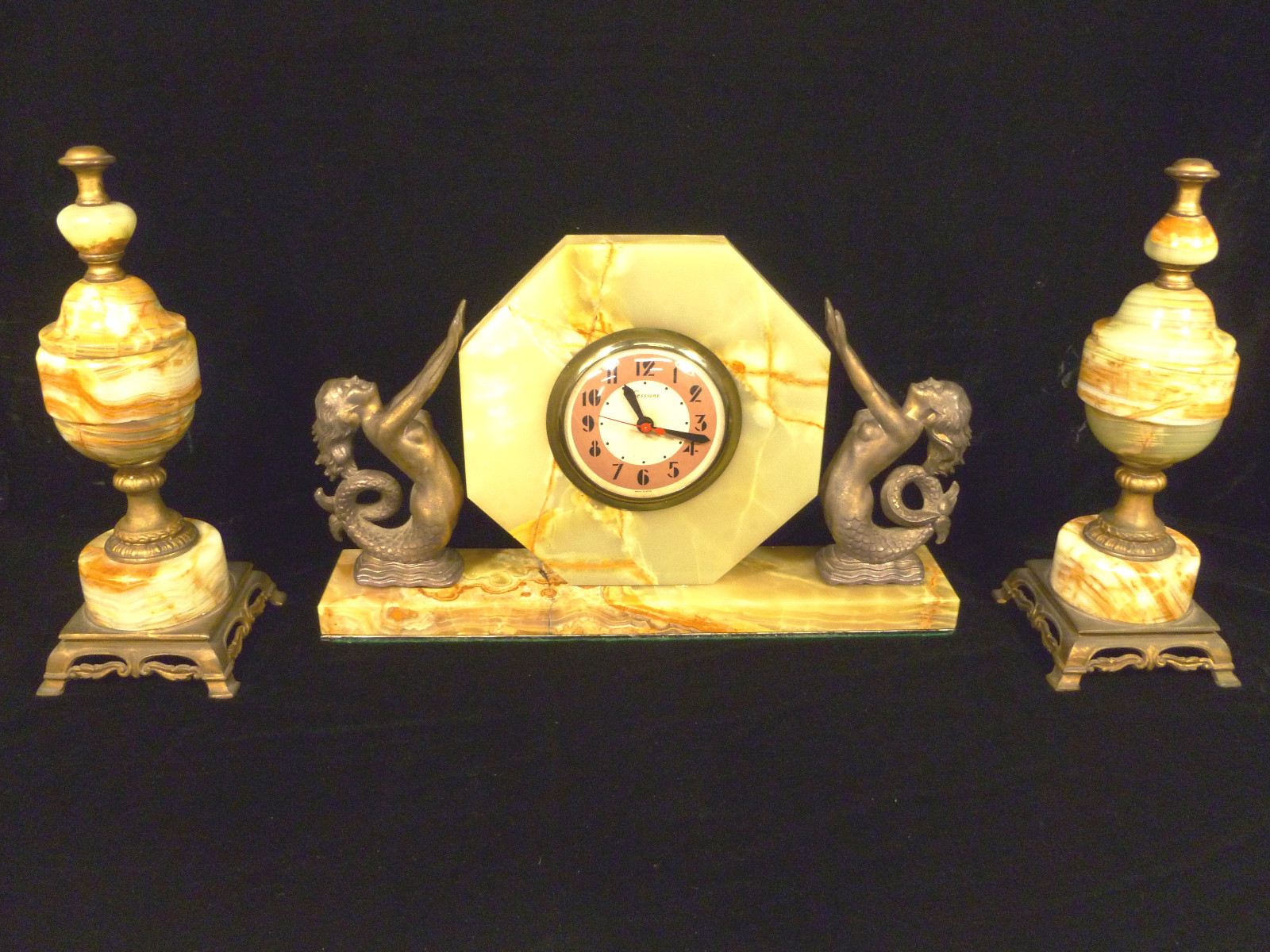 ART DECO SESSIONS ONYX MERMAID MANTEL CLOCK SET WITH GARNITURES – CIRCA ...