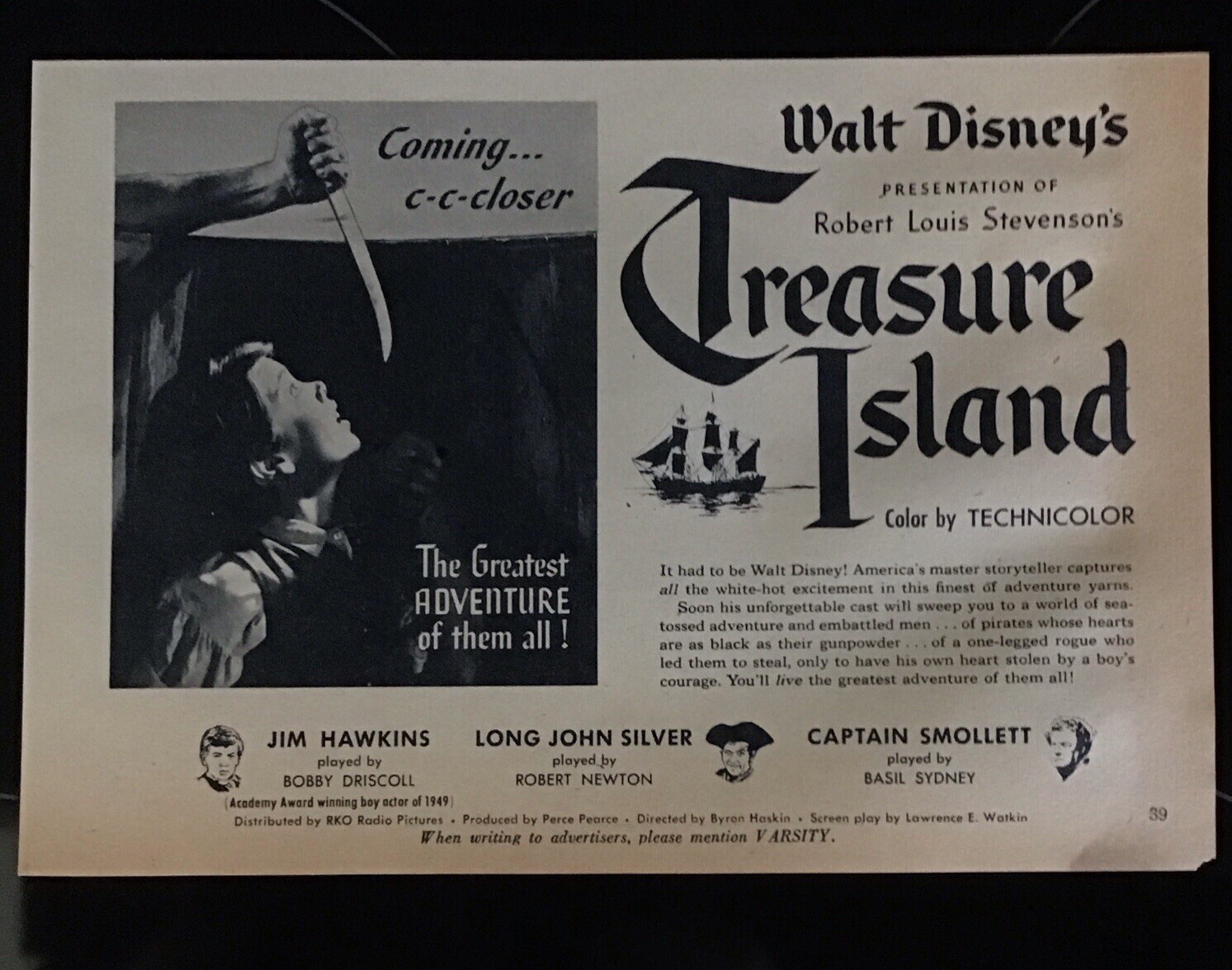 1950 Walt Disney Print Ad Treasure Island RKO Radio Pictures ...