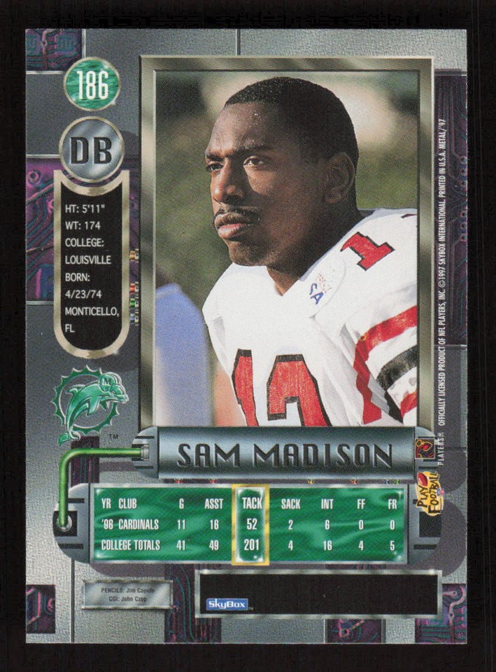1997 Skybox Metal Universe #186 Sam Madison Rookie Miami Dolphins | eBay